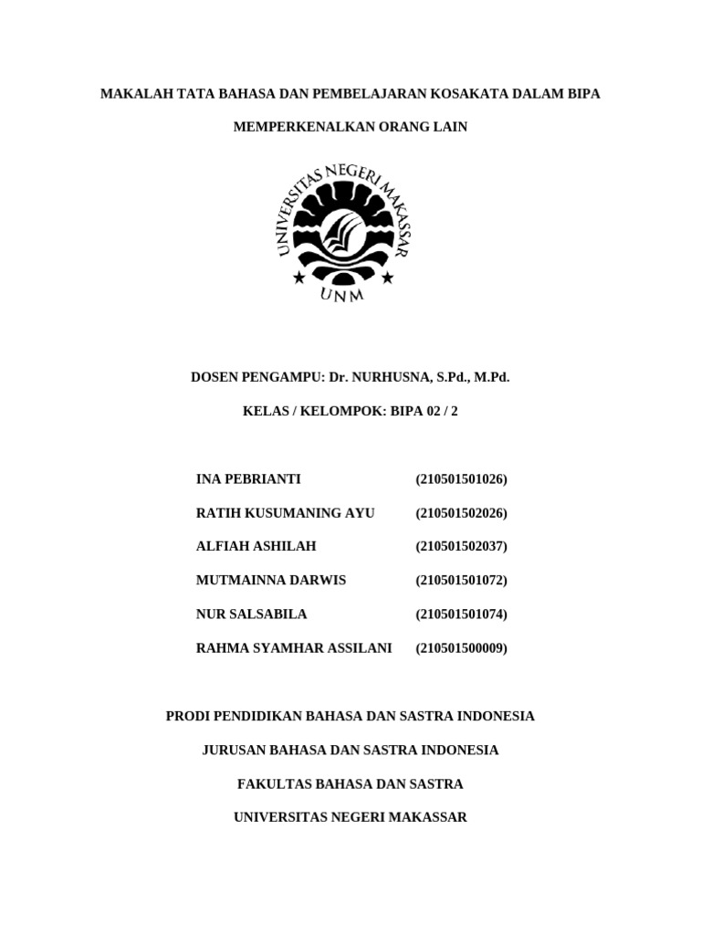 Makalah Tata Bahasa Dan Pembelajaran Kosakata Dalam Bipa | PDF