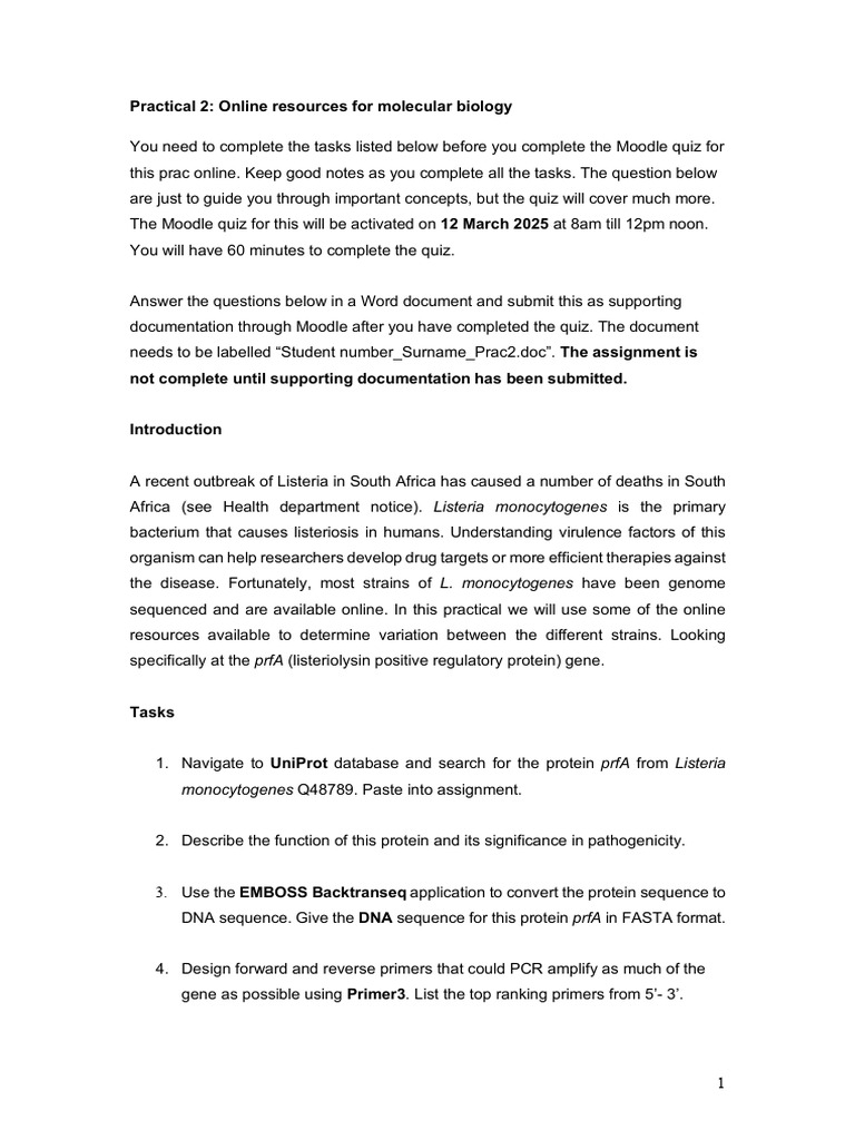 Gene320 - Prac 2 Assignment - 2025 | PDF | Primer (Molecular Biology) | Gene