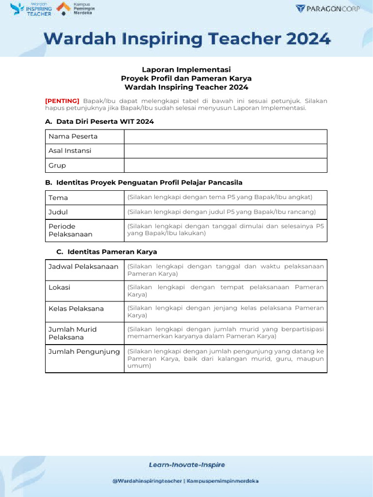 Template Laporan Implementasi Proyek Profil dan Pameran Karya WIT 2024 Level 4 | PDF