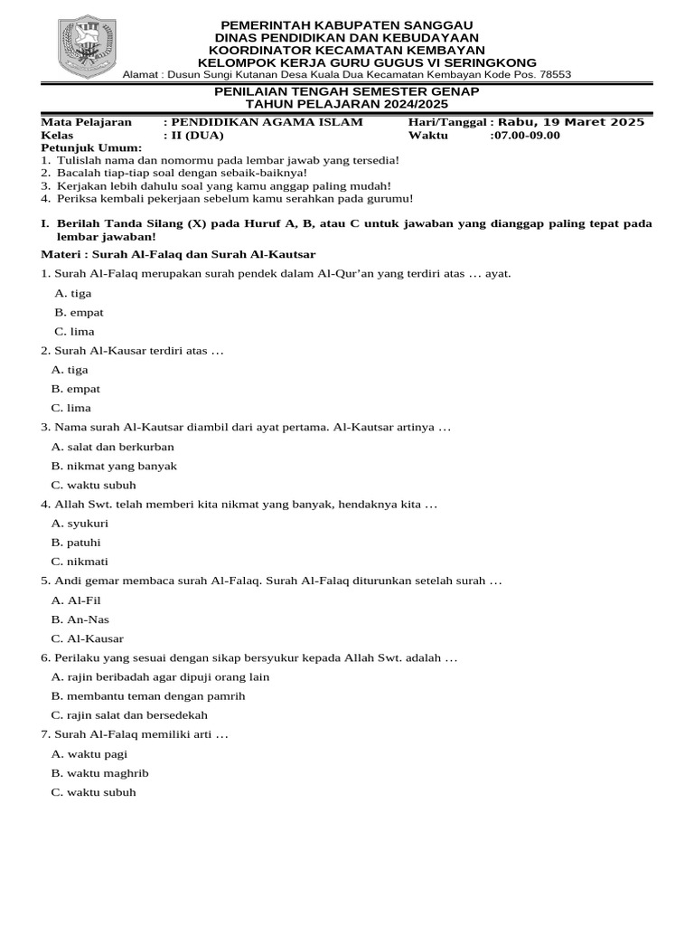 Soal Agama Islam Kelas 2 PTS Genap 2024 2025 | PDF
