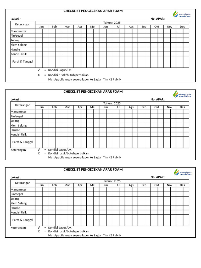 Checklist APAR (Foam & Co2) Dan P3K | PDF
