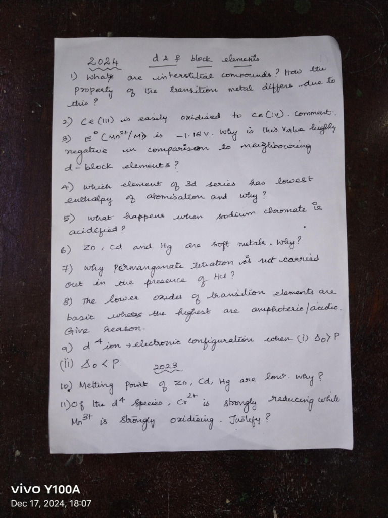 D and F Block Elements 2022 - 24 Pyq | PDF