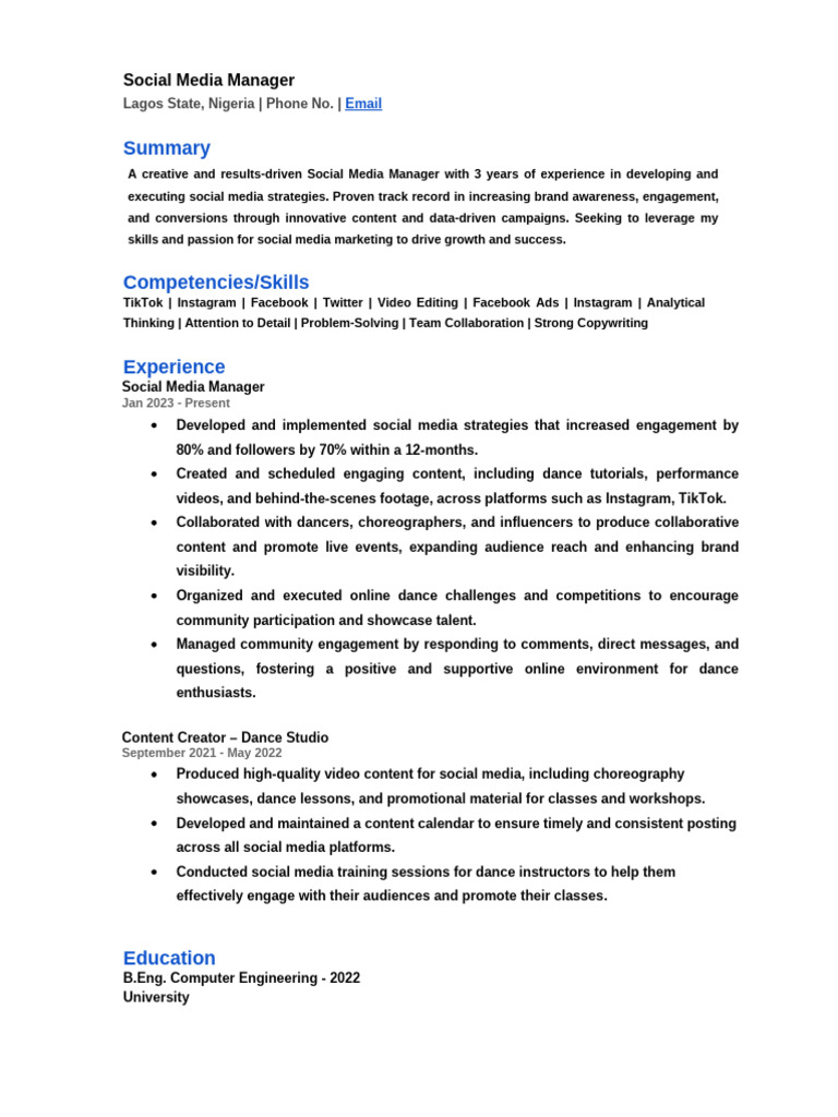 Social Media Manager CV Template | PDF
