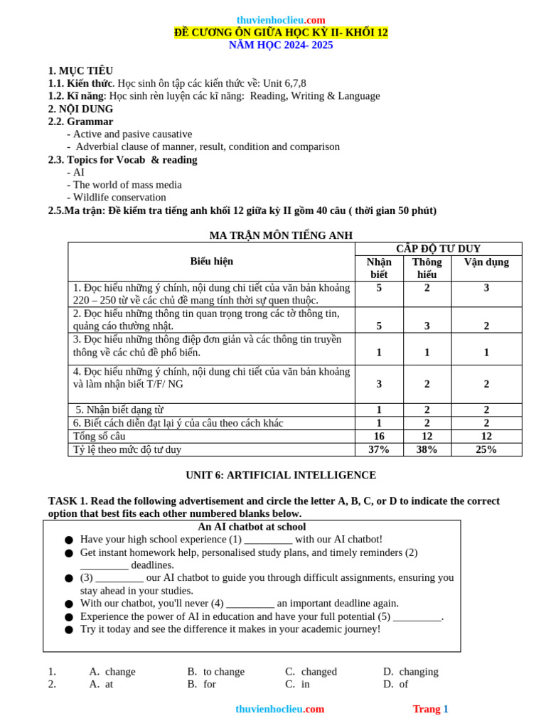 De Cuong Tap Giua HK2 Anh 12 Global 24 25 | PDF | Protected Area | Biodiversity
