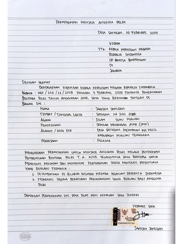Surat Permohonan Menjadi Anggota Polri | PDF