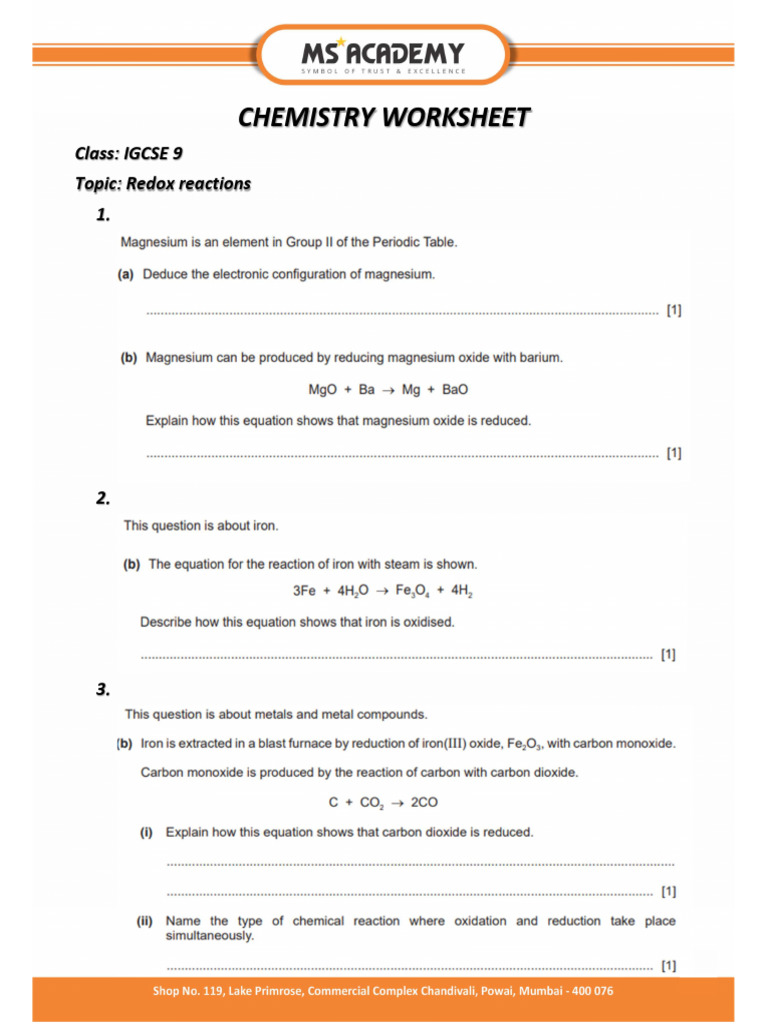 IGCSE 9 Redox Reactions WQ | PDF