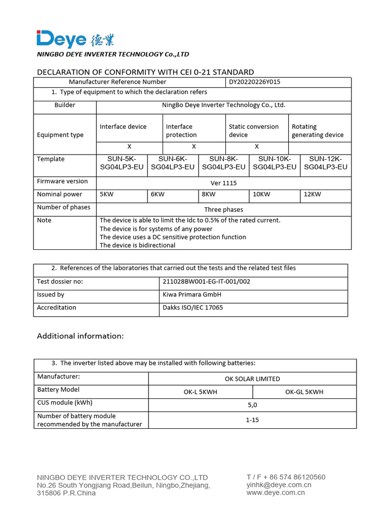 Declaration Conformity - SG04LP3 | PDF | Power Inverter | Electrical Components
