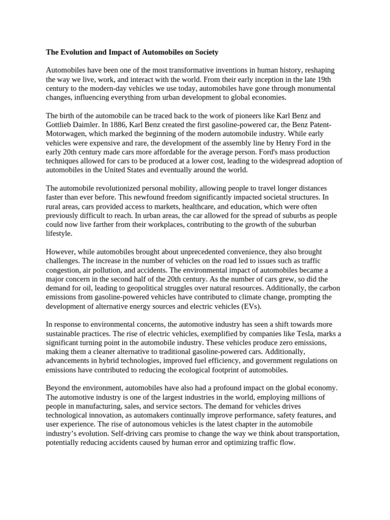 Automobile Evolution and Societal Impact | PDF | Car | Electric Vehicle