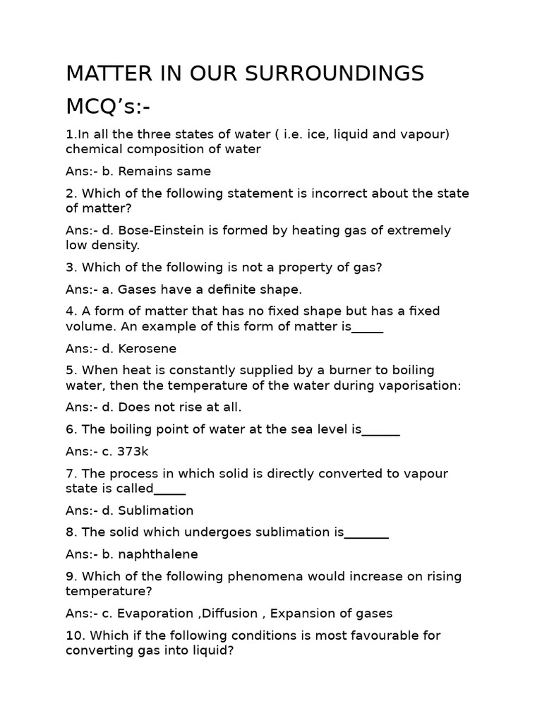 Matter in Our Surroundings Question Bank For Term 1 | PDF | Gases | Liquids