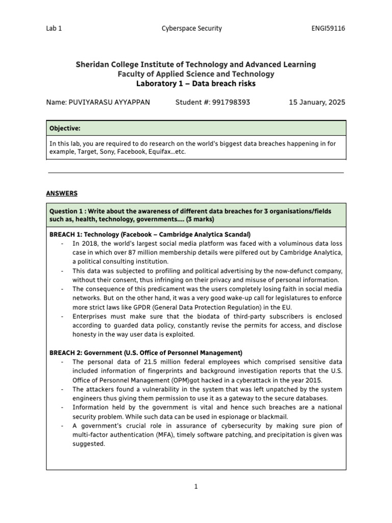 CyberspaceSecurity - Lab 1 Data Breach Risks - Puviyarasu Ayyappan | PDF | Security | Computer ...