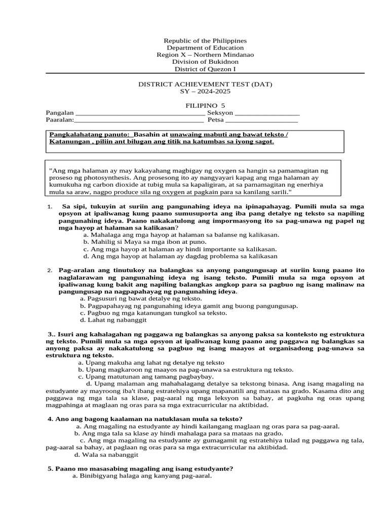 District Achievement Test in Filipino 5 | PDF