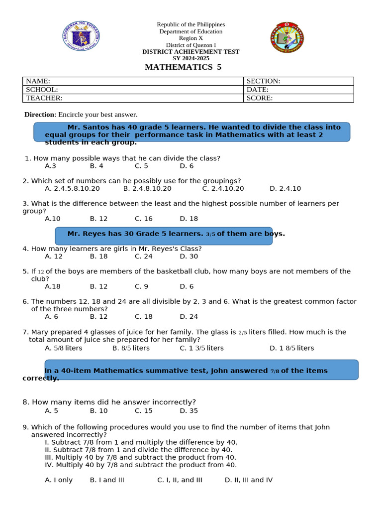 Grade 5 Mathematics Achievement Test | PDF | Area | Celsius