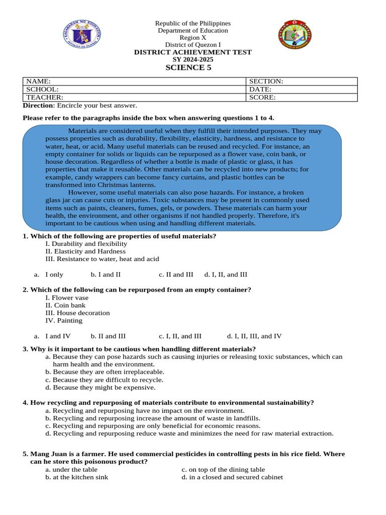 District Achievement Test SCIENCE 5 | PDF | Pollination | Chemical ...