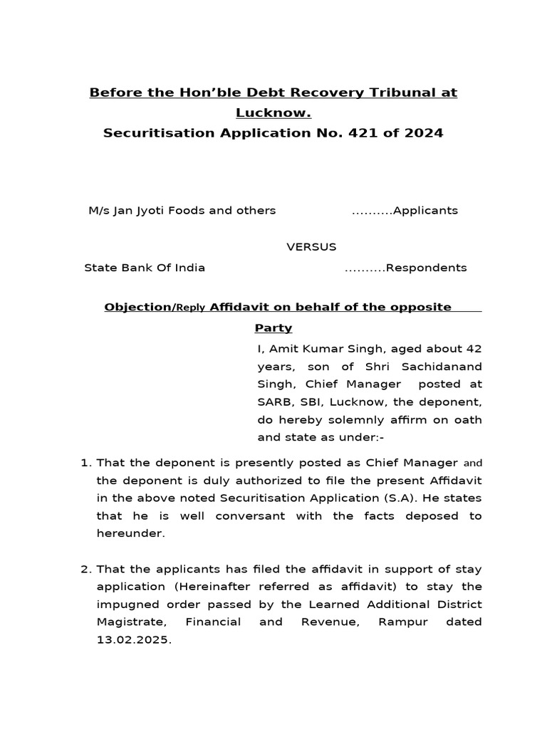 SBI Affidavit Response in Debt Recovery Case | PDF | Affidavit | Justice