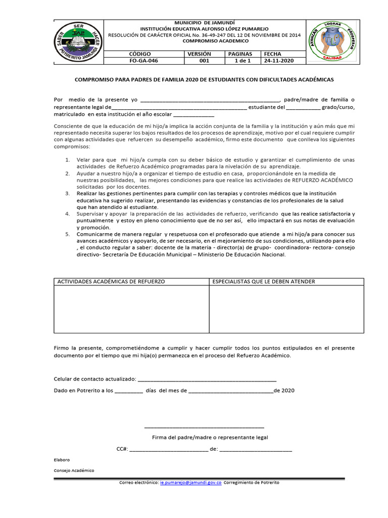 FO-GA-046 FORMATO DE COMPROMISO ACADEMICO ESPECIFICO | PDF | Maestros | Aprendizaje