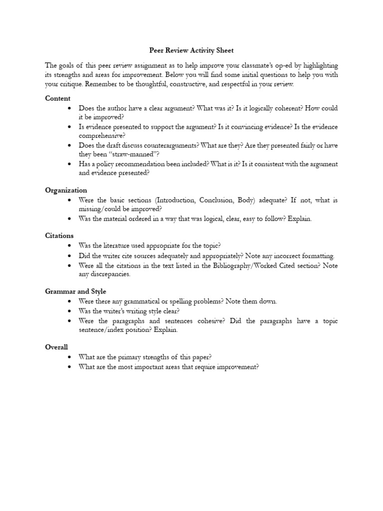 Peer Review Activity Sheet 2023 | PDF