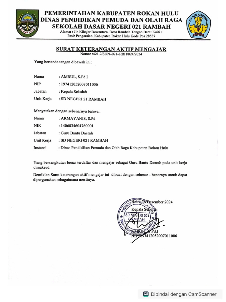 Surat Ket. Aktif Bekerja Kak Anis | PDF