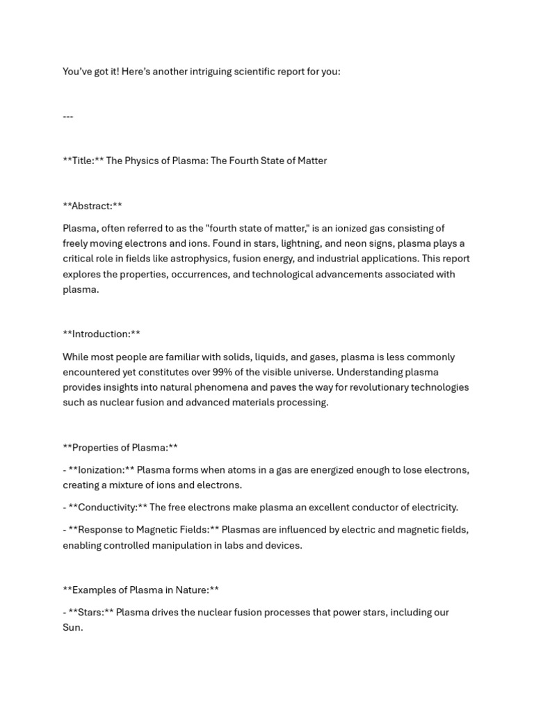 The Fourth State of Matter | PDF | Plasma (Physics) | Nuclear Fusion
