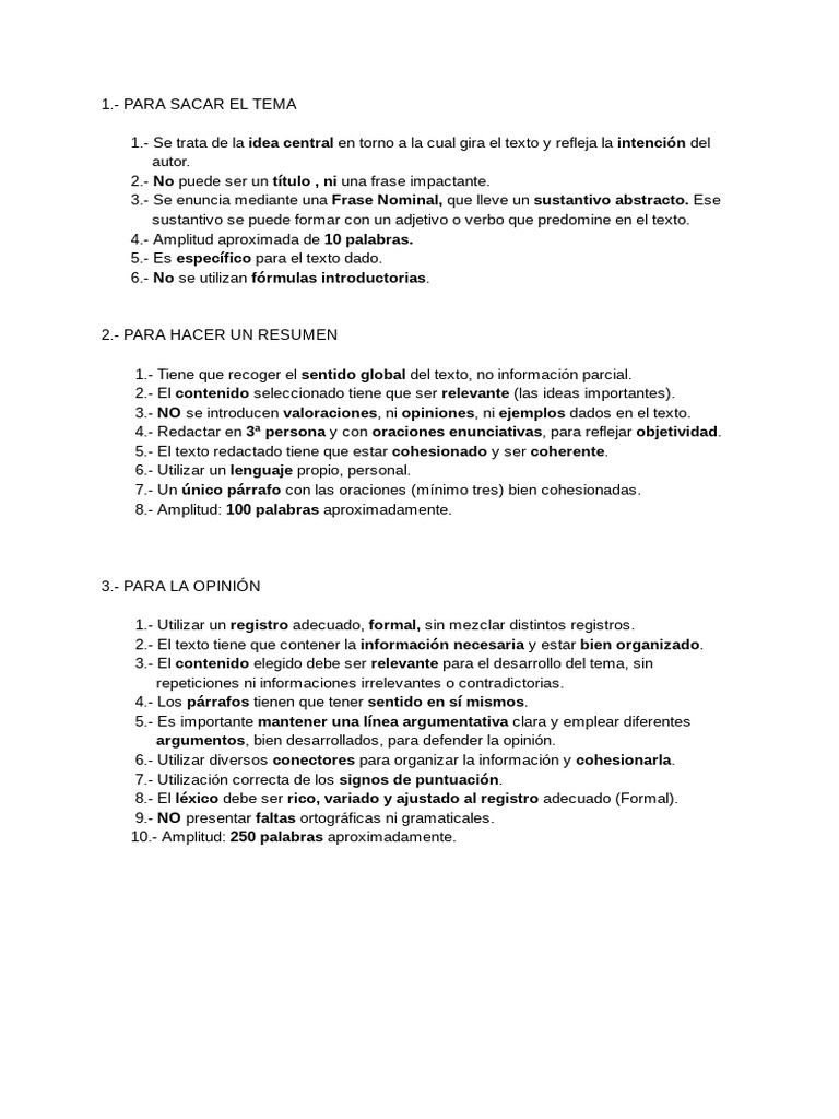 Pautas para trabajar tema, resumen y opinión | PDF