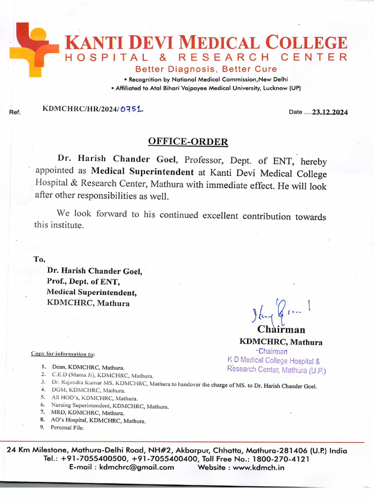 Dr. Harish Chander Goyal Office Order - 0001 | PDF