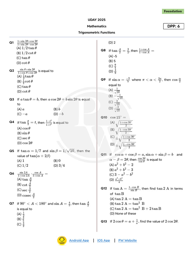UDAY 2025 Mathematics Trigonometric Functions: Foundation | PDF | Geometric Measurement ...