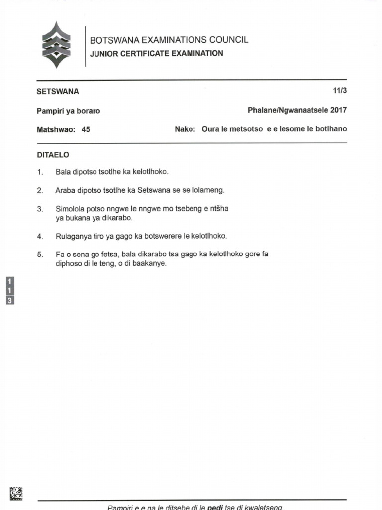 JC Setswana Paper 3 | PDF