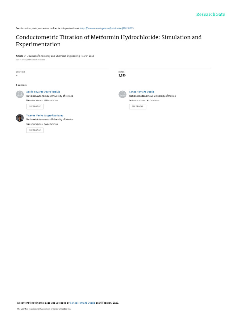 Conductometric Titration of Metformin | PDF | Titration | Chemistry
