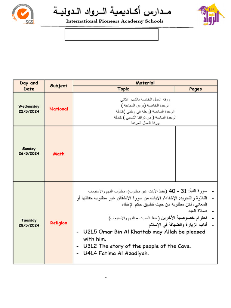 5th Grade Schedule | PDF