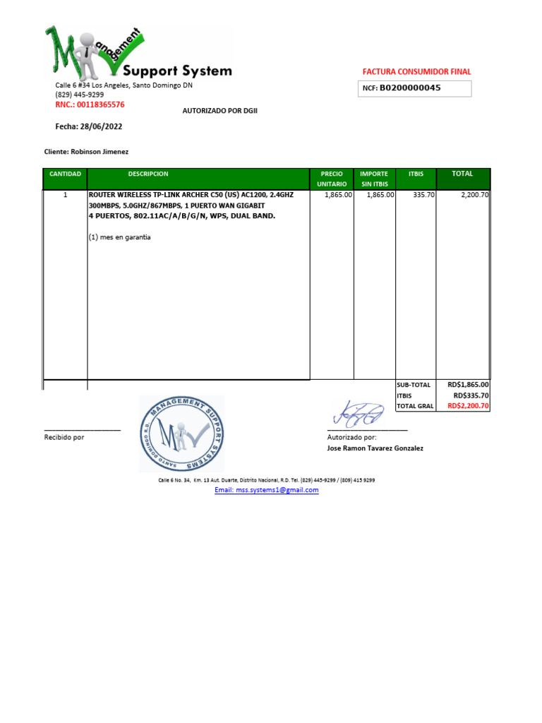 MSS - Fact. SCF Robinson Jimenez - Router 28062022 | PDF