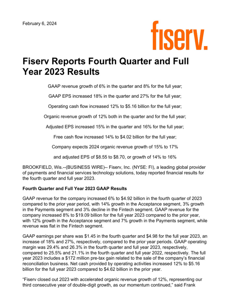 2024-02-06 Fiserv Reports Fourth Quarter and Full Year 2023 43 | PDF ...