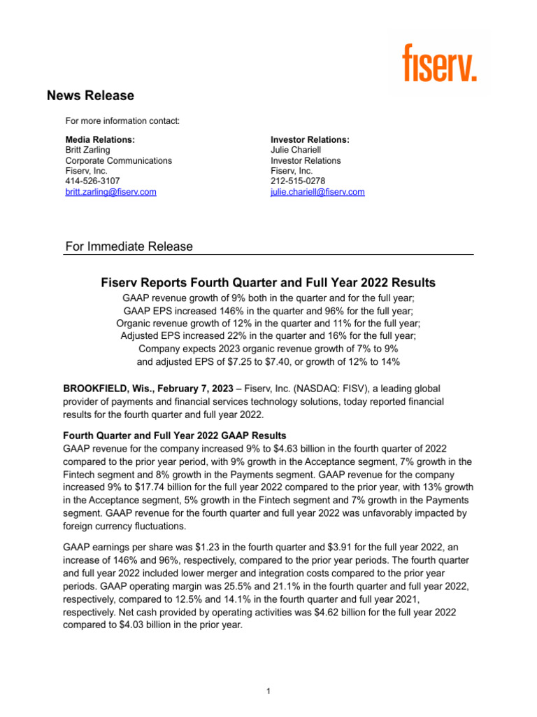 FISV 4Q22 Earnings Release - Final | PDF | Intangible Asset | Mergers ...