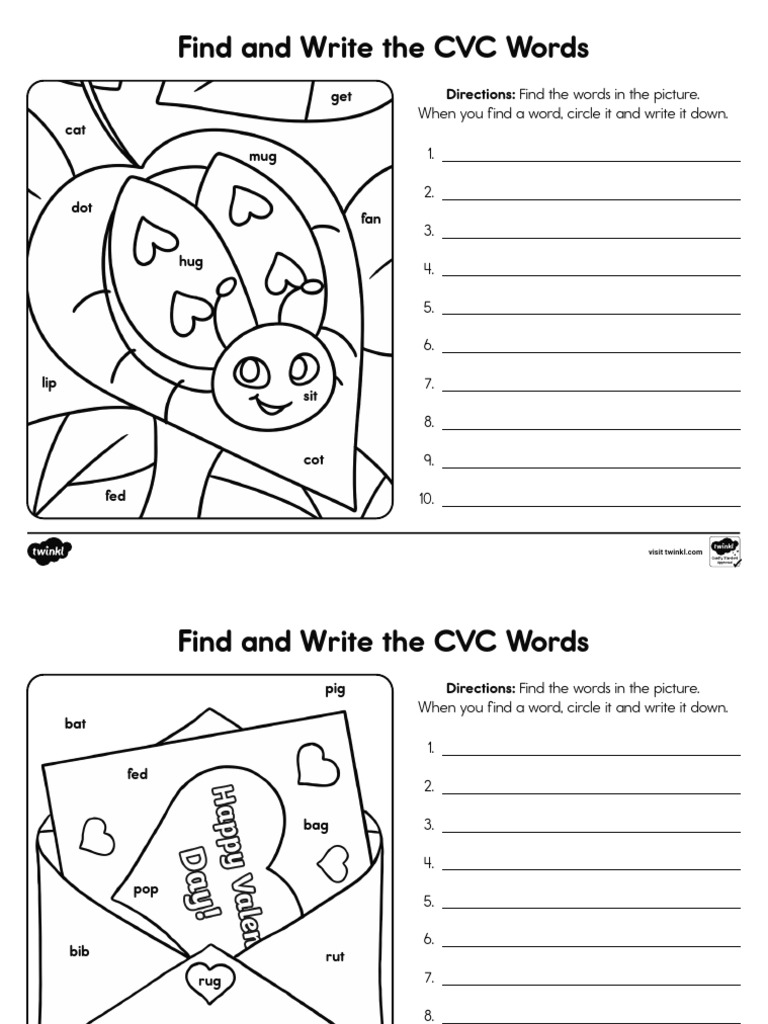 Kindergarten Valentines Day Find and Write The CVC Words Activity Us e ...