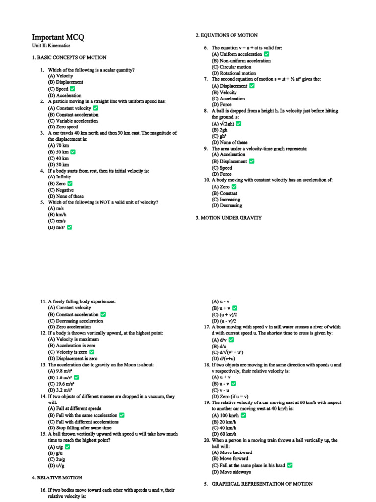 Important MCQ Unit II | PDF | Acceleration | Velocity