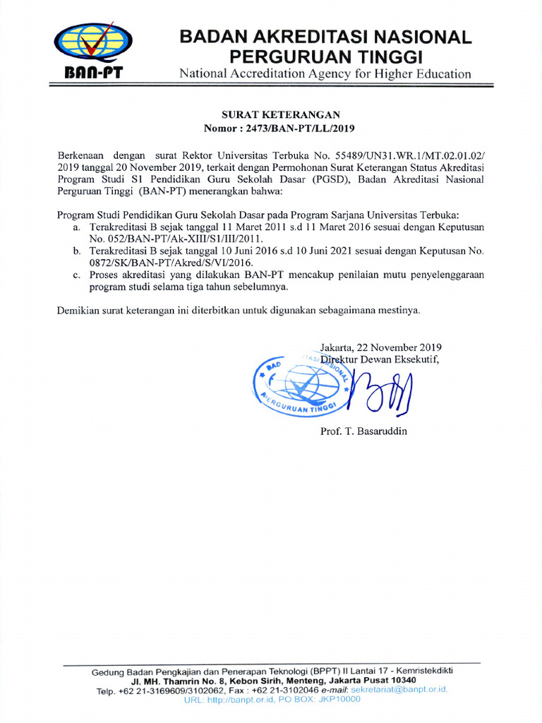 Surat Keterangan BAN PT Akreditasi PGSD UT Nov 2019 Compressed | PDF