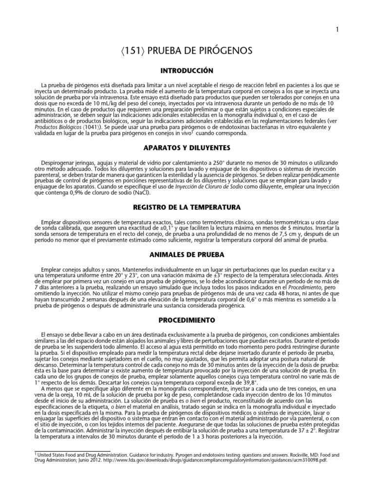 Prueba de Pirógenos en Conejos | PDF | Inyección (medicina) | Terapia ...