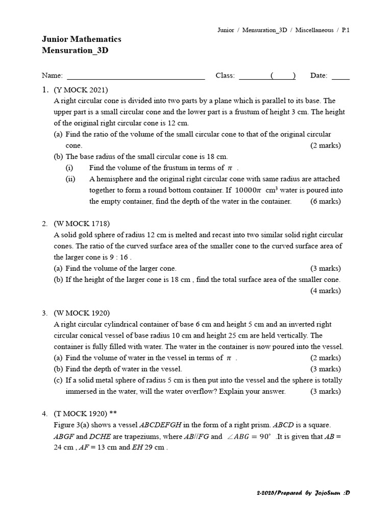 3D Mensuration Problems for Juniors | PDF | Sphere | Area