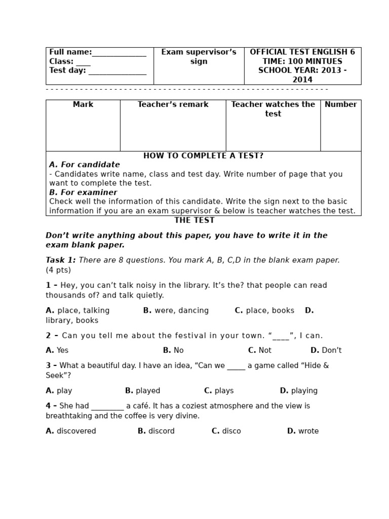 Official English Test for Grade 6 | PDF