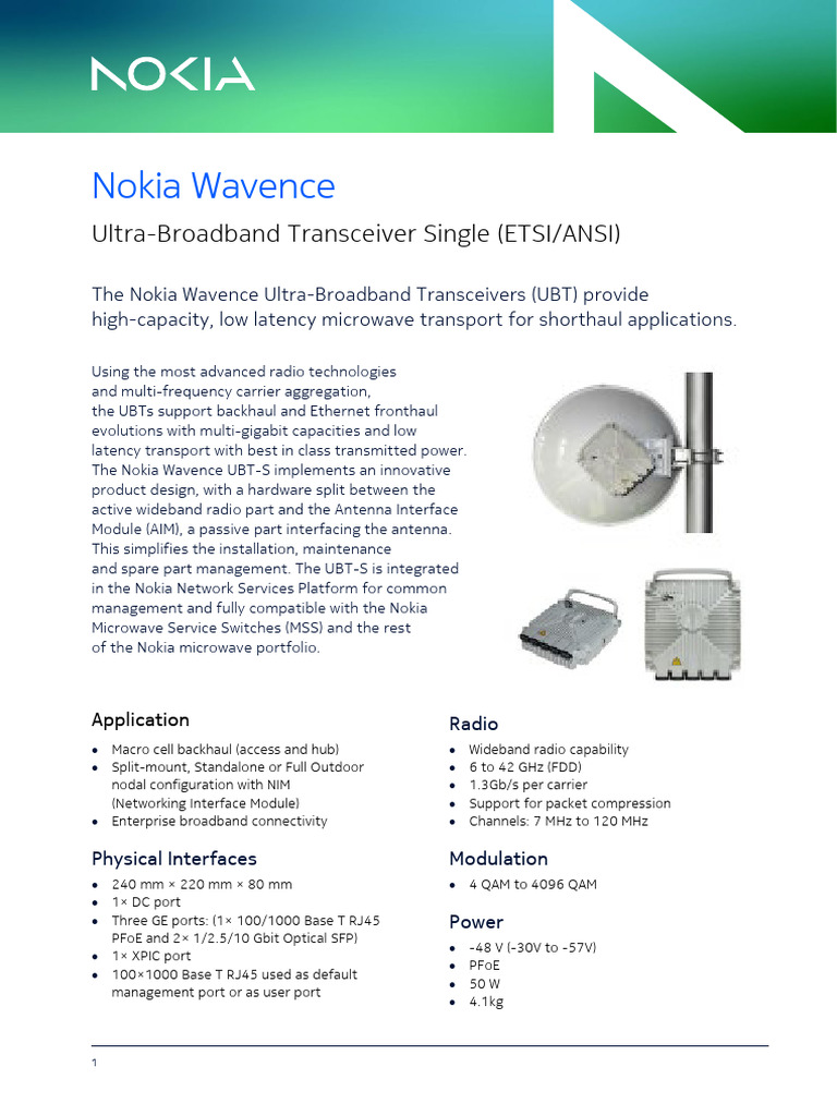 Nokia Wavence Datasheet Ultra Broadband Transceiver Single UBT S I ...