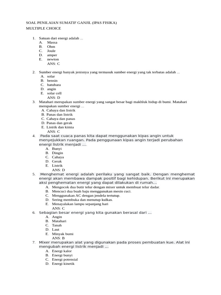 Format Soal Ipas (Fisika) Sumatif Ganjil | PDF