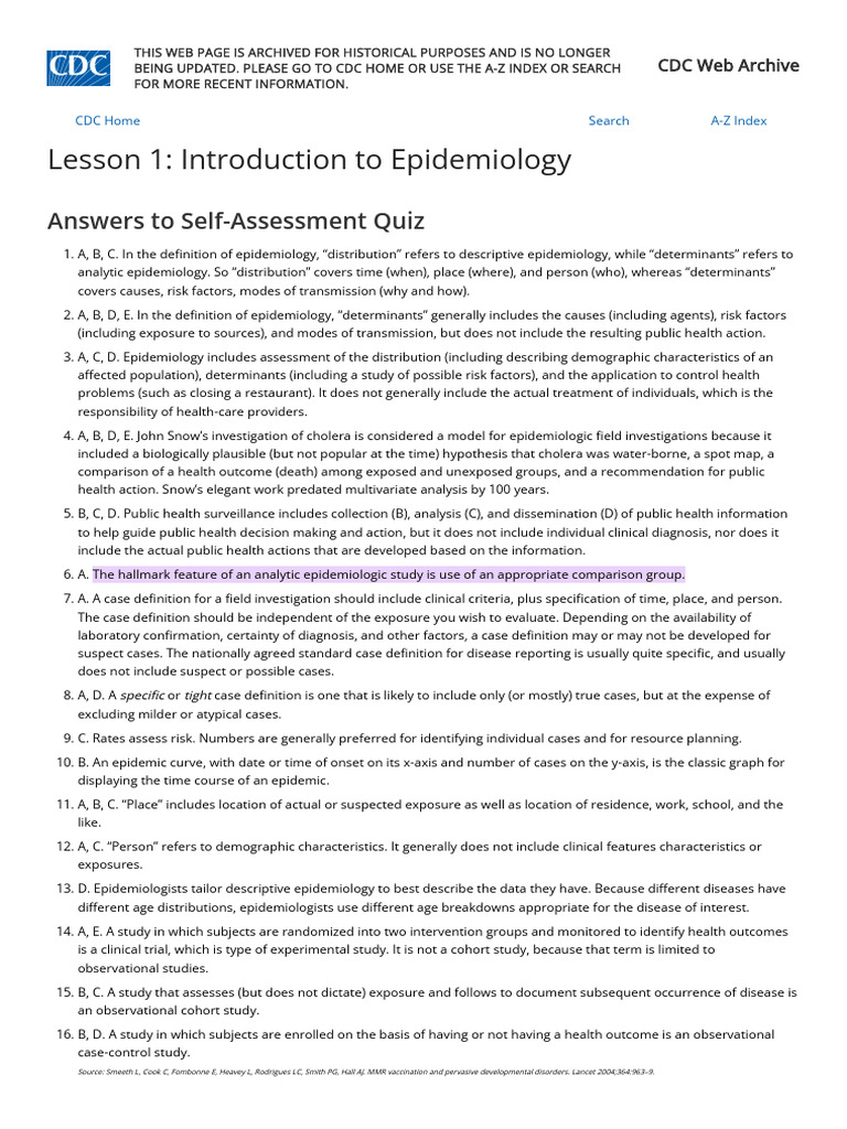 Principles of Epidemiology - Lesson 1 - Quiz Answers | PDF | Epidemiology | Cohort Study