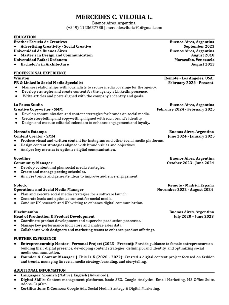 CV - Mercedes Viloria (En) | PDF | Digital Marketing | Social Media