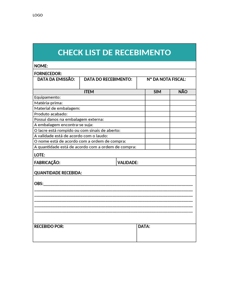 Check List de Recebimento | PDF
