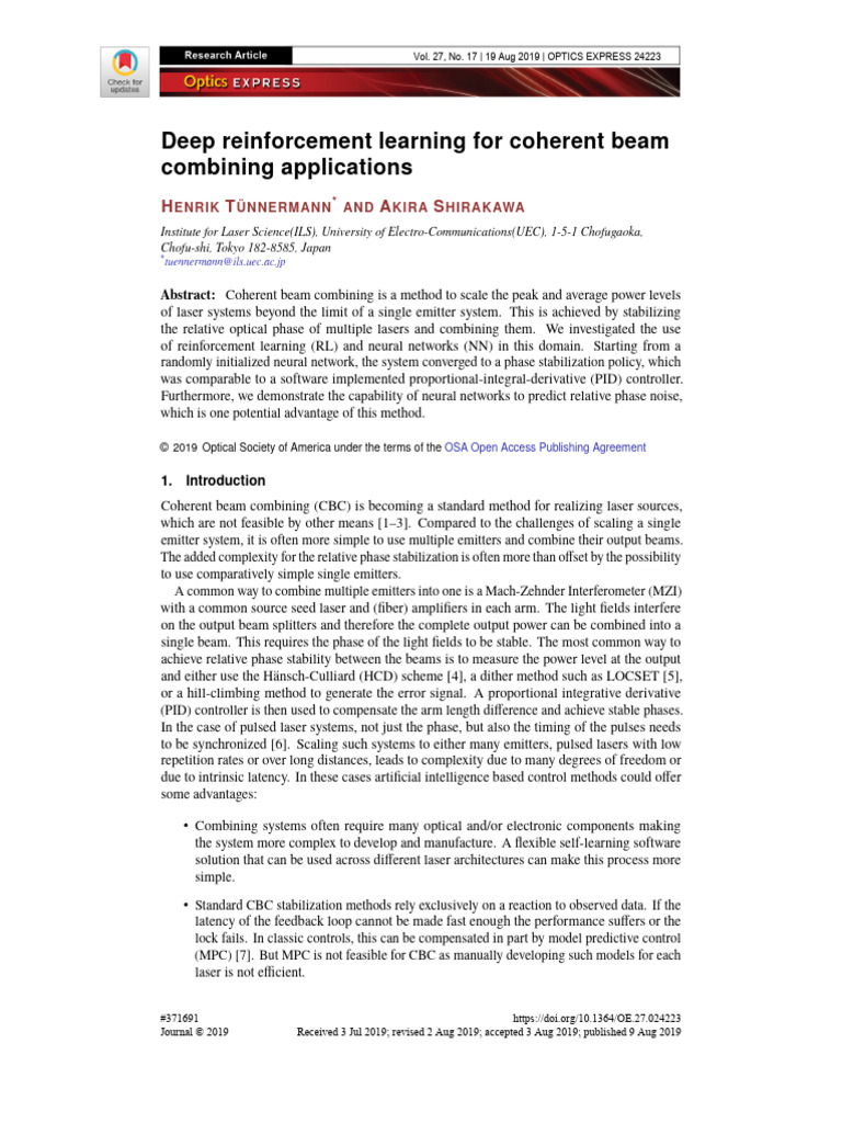 Deep Reinforcement Learning For Coherent Beam Combining Applications ...