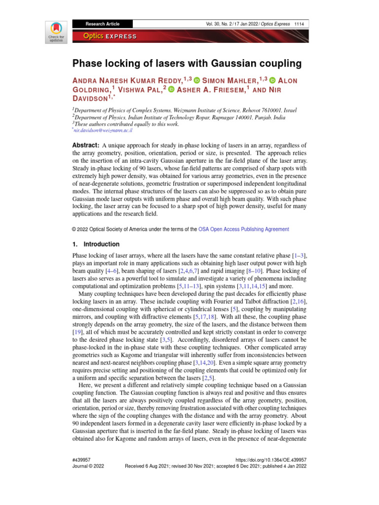 Phase Locking of Lasers With Gaussian Coupling | PDF | Laser | Aperture