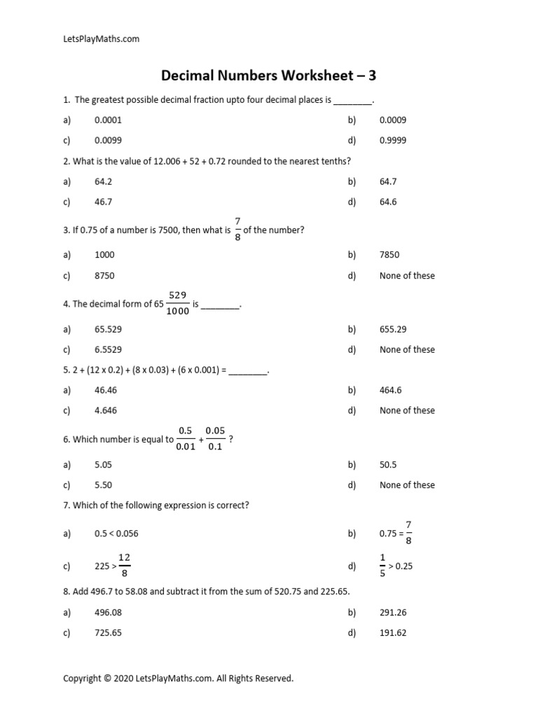 Playing With Numbers Worksheet-3 | PDF | Decimal | Division (Mathematics)