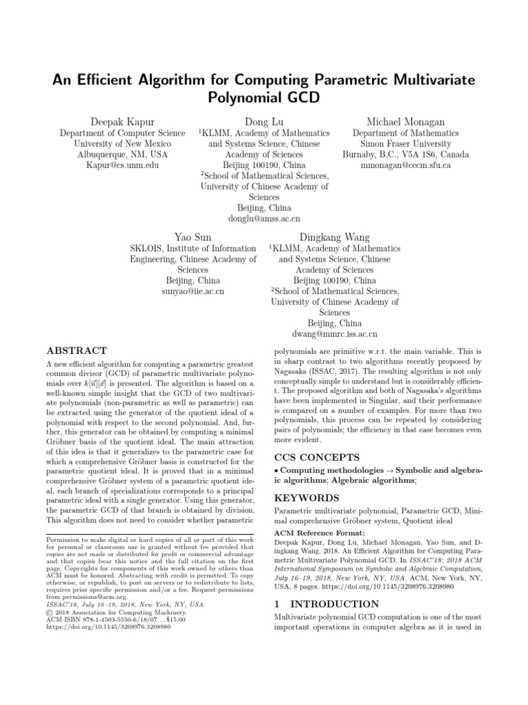 An Efficient Algorithm For Computing Parametric MultivariatePolynomial GCD | PDF | Polynomial ...