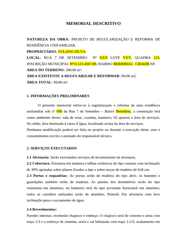 Modelo Memorial Descritivo - Regularização e Reforma | PDF | Materiais ...