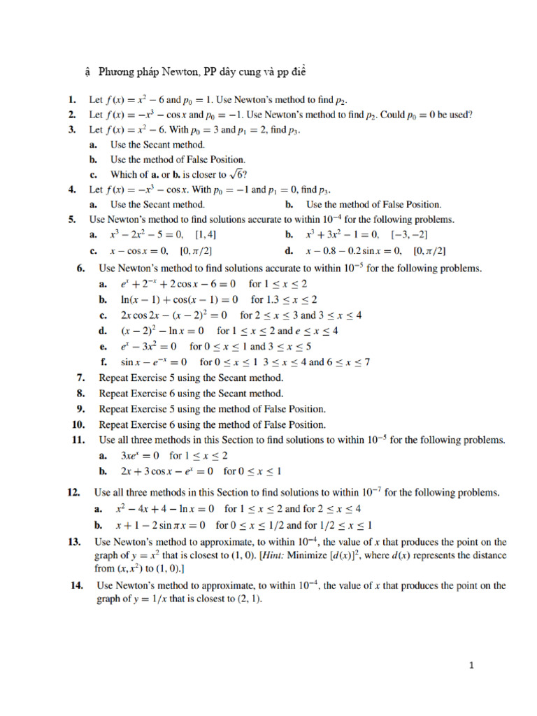 BT Ch2 Bài 2. Phương pháp Newton, PP dây cung và PP điểm sai | PDF