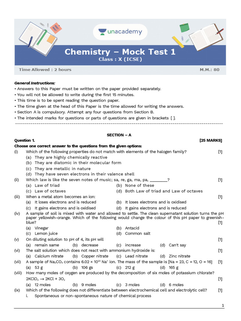 Chemistry Mock Test Instructions and Questions | PDF | Acid | Chemical ...