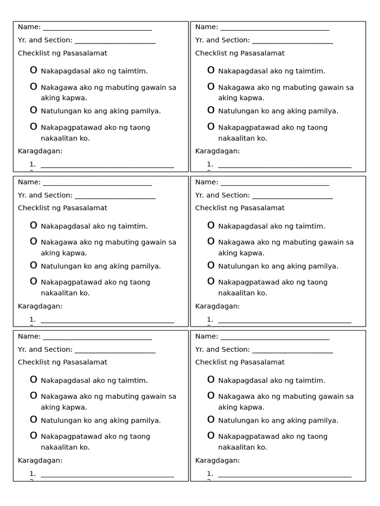Checklist NG Pasasalamat | PDF